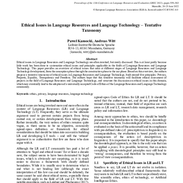 Ethical Issues In Language Resources And Language Technology Tentative Categorisation Acl