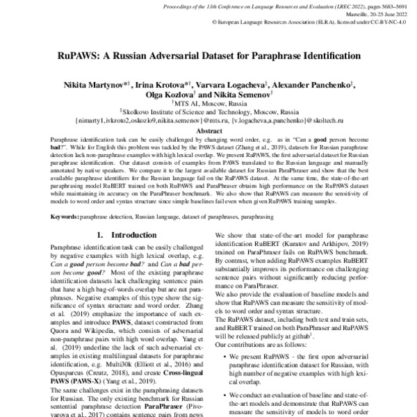 RuPAWS: A Russian Adversarial Dataset for Paraphrase Identification - ACL Anthology