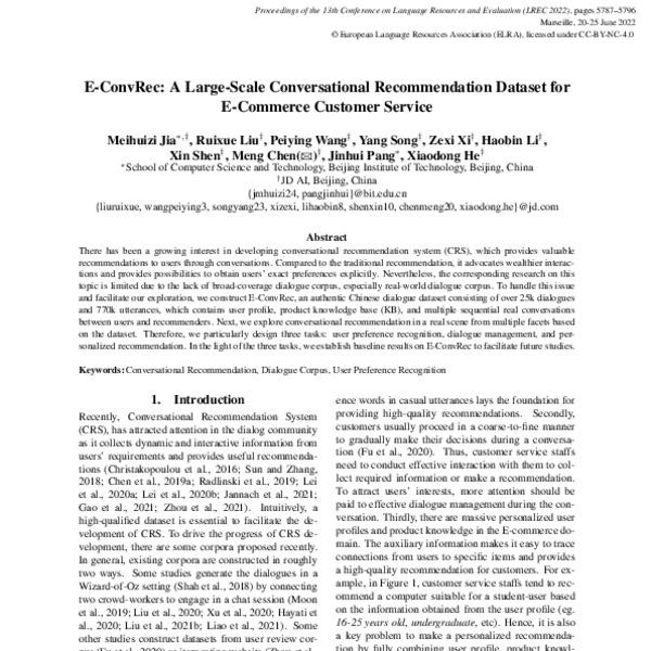 E-ConvRec: A Large-Scale Conversational Recommendation Dataset for E-Commerce Customer Service ...