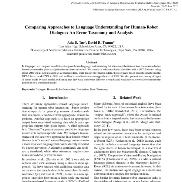 Comparing Approaches to Language Understanding for Human-Robot Dialogue: An Error Taxonomy and ...