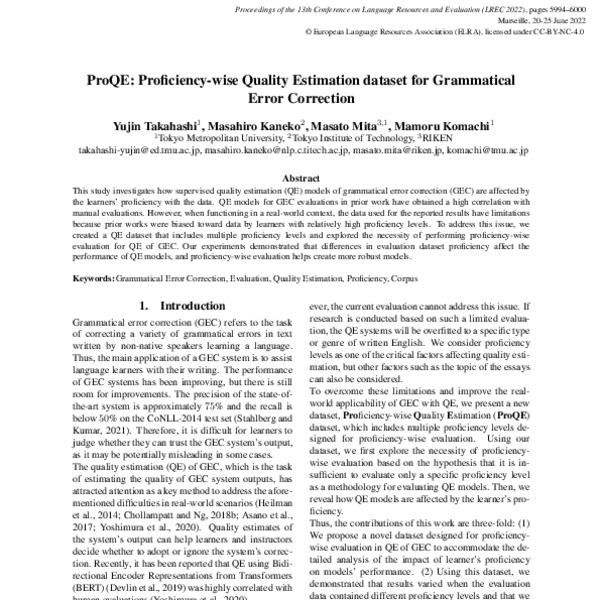ProQE: Proficiency-wise Quality Estimation dataset for Grammatical Error Correction - ACL Anthology
