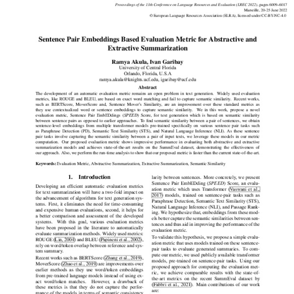 Sentence Pair Embeddings Based Evaluation Metric for Abstractive and Extractive Summarization ...