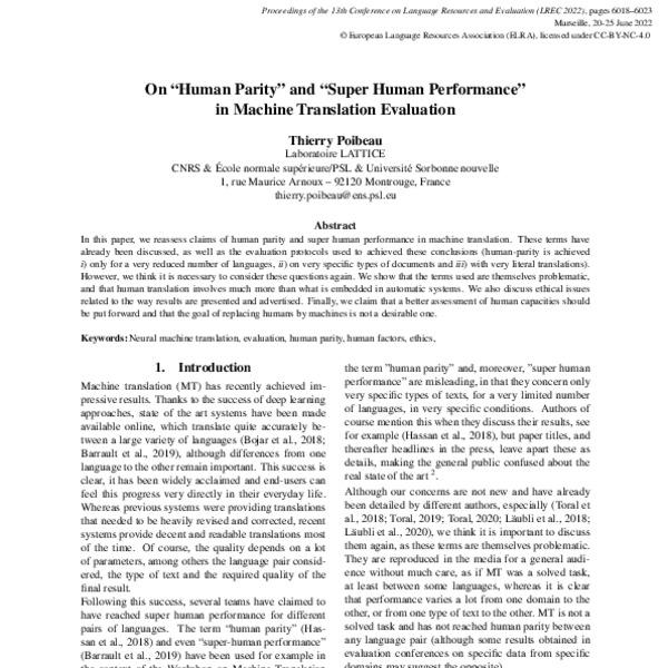 On “Human Parity” and “Super Human Performance” in Machine Translation ...