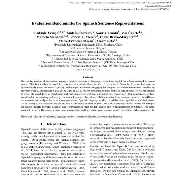 Evaluation Benchmarks for Spanish Sentence Representations - ACL Anthology