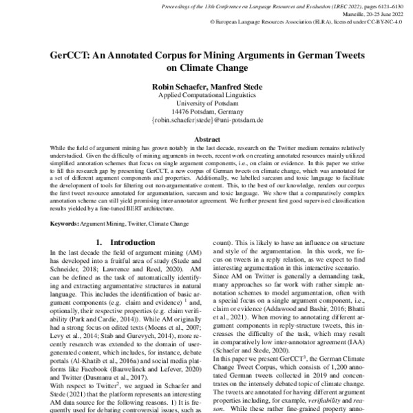 GerCCT: An Annotated Corpus for Mining Arguments in German Tweets on Climate Change - ACL Anthology
