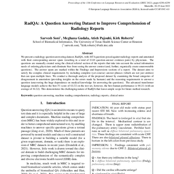 RadQA: A Question Answering Dataset to Improve Comprehension of Radiology Reports - ACL Anthology