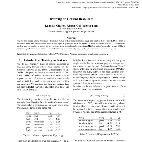 Training on Lexical Resources - ACL Anthology