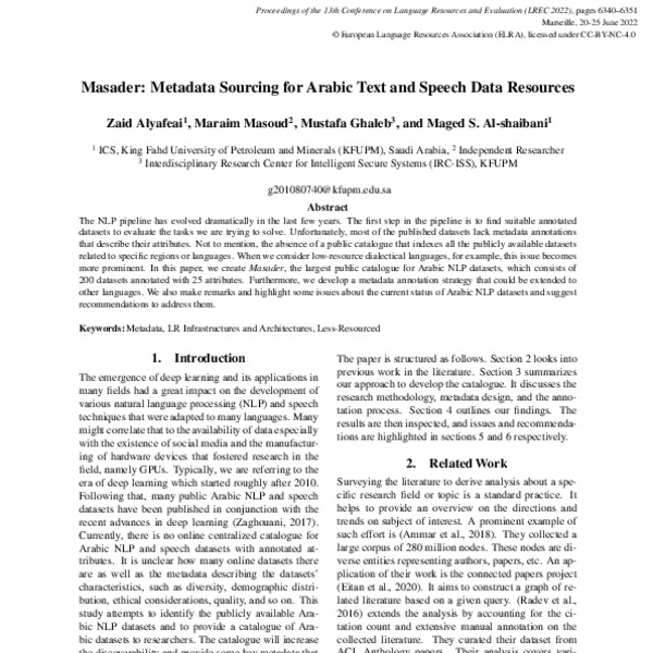 Masader: Metadata Sourcing for Arabic Text and Speech Data Resources ...