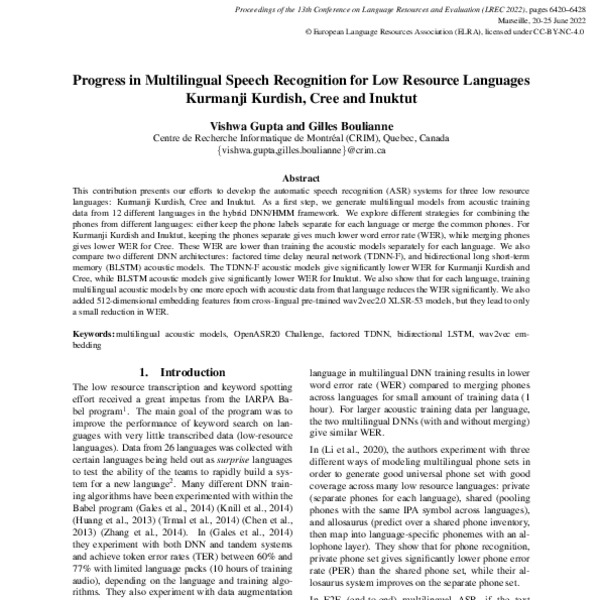 Progress in Multilingual Speech Recognition for Low Resource Languages Kurmanji Kurdish, Cree ...