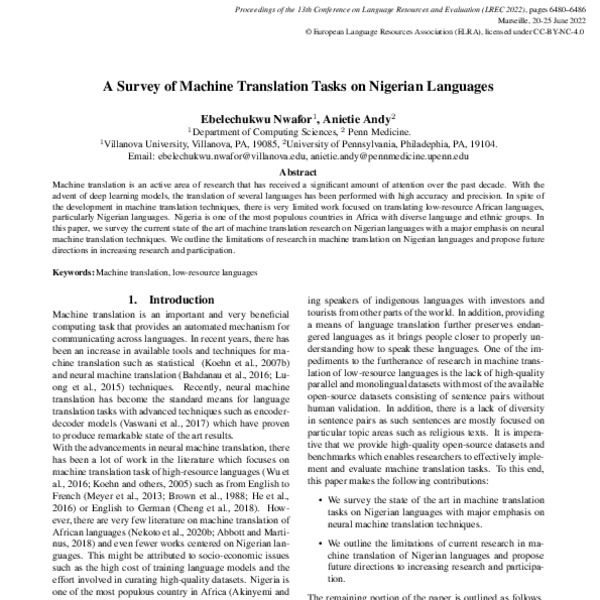 A Survey of Machine Translation Tasks on Nigerian Languages - ACL Anthology