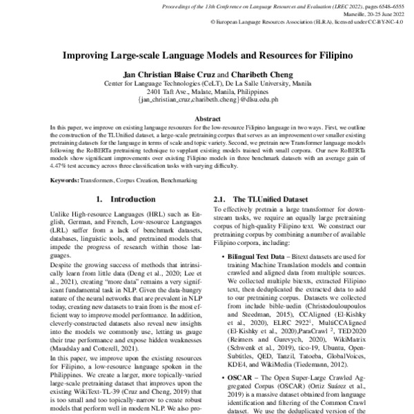 Improving Large-scale Language Models and Resources for Filipino - ACL Anthology