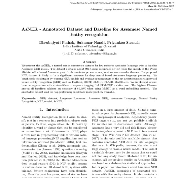 AsNER - Annotated Dataset and Baseline for Assamese Named Entity recognition - ACL Anthology