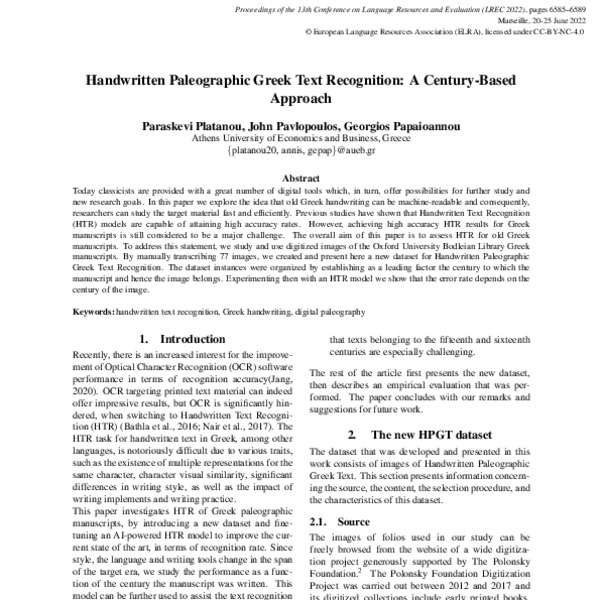 Handwritten Paleographic Greek Text Recognition: A Century-Based ...