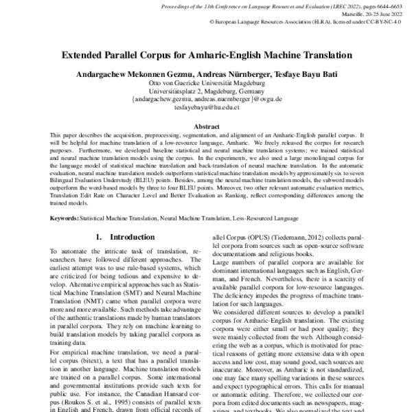 Extended Parallel Corpus for Amharic-English Machine Translation - ACL Anthology