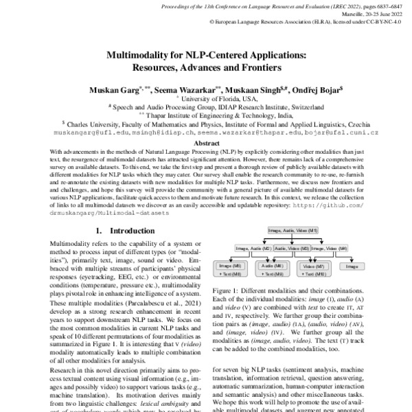 Multimodality For Nlp Centered Applications Resources Advances And