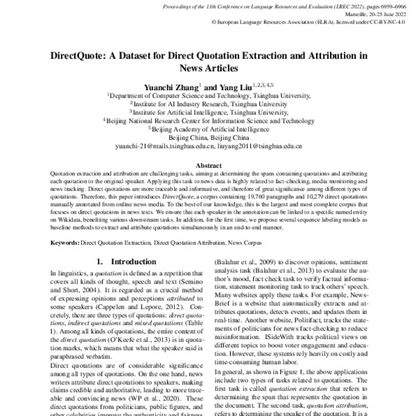 DirectQuote: A Dataset for Direct Quotation Extraction and Attribution in News Articles - ACL ...