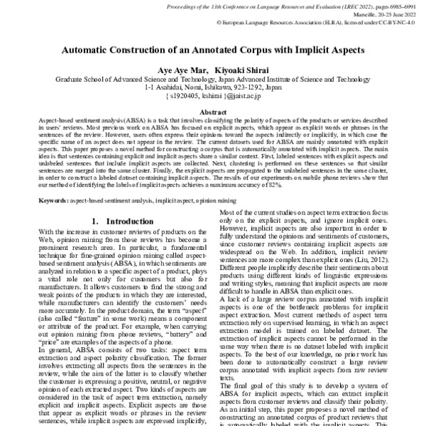 Automatic Construction of an Annotated Corpus with Implicit Aspects - ACL Anthology