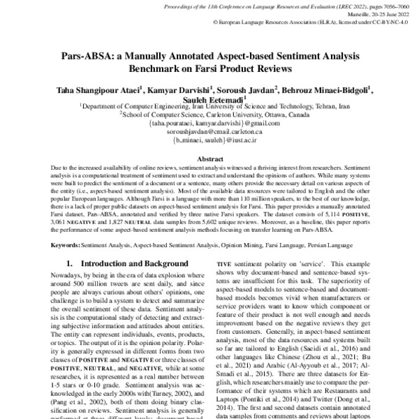 Pars-ABSA: a Manually Annotated Aspect-based Sentiment Analysis Benchmark on Farsi Product ...