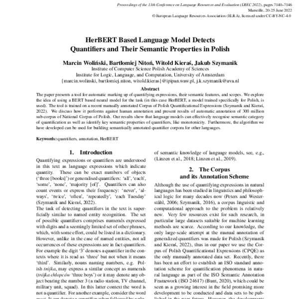 Herbert Based Language Model Detects Quantifiers And Their Semantic Properties In Polish Acl