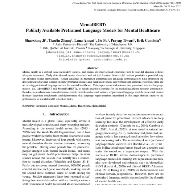 MentalBERT: Publicly Available Pretrained Language Models for Mental ...