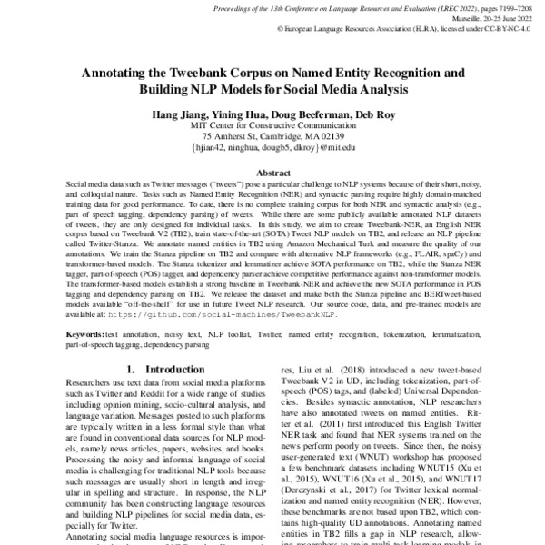Annotating the Tweebank Corpus on Named Entity Recognition and Building NLP Models for Social ...