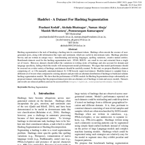 HashSet - A Dataset For Hashtag Segmentation - ACL Anthology