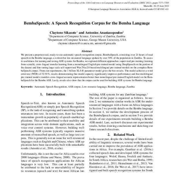 BembaSpeech: A Speech Recognition Corpus for the Bemba Language - ACL ...