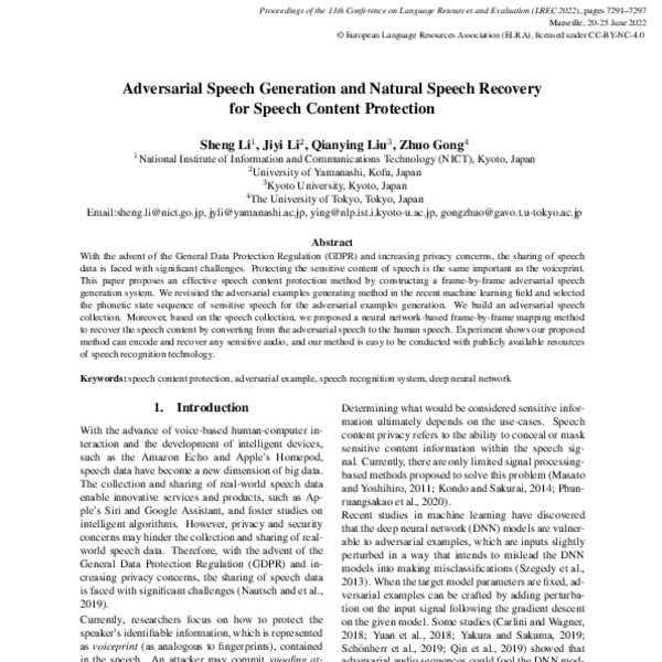 Adversarial Speech Generation and Natural Speech Recovery for Speech ...
