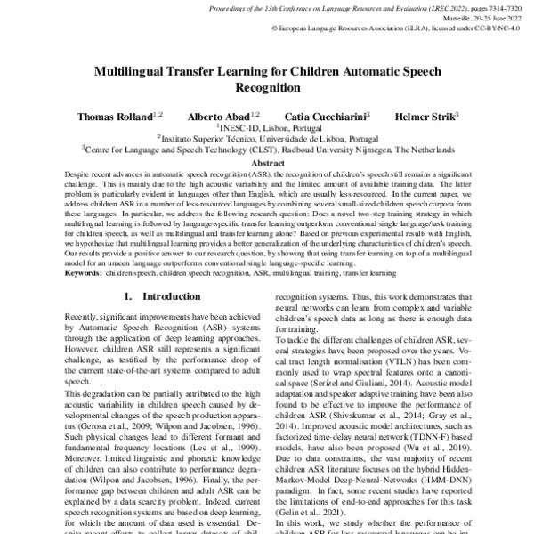 Multilingual Transfer Learning for Children Automatic Speech Recognition - ACL Anthology