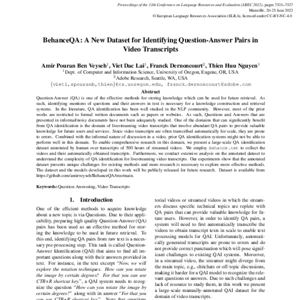 BehanceQA: A New Dataset for Identifying Question-Answer Pairs in Video ...