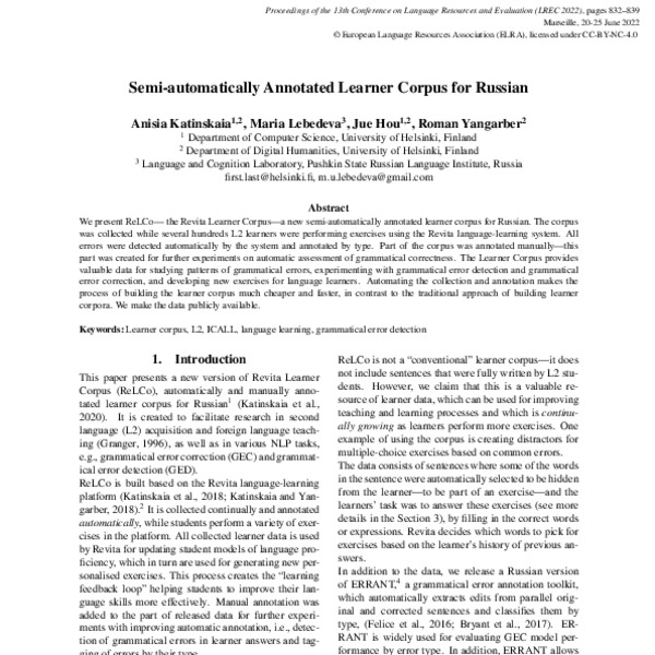 Semi Automatically Annotated Learner Corpus For Russian Acl Anthology