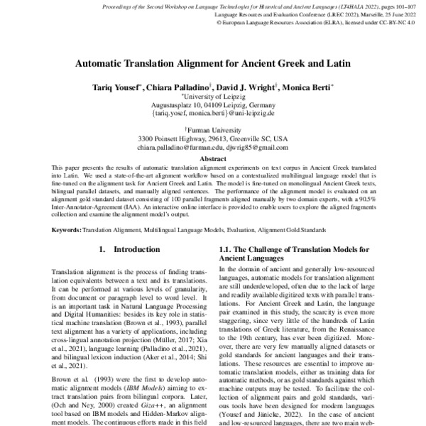 Automatic Translation Alignment for Ancient Greek and Latin - ACL Anthology