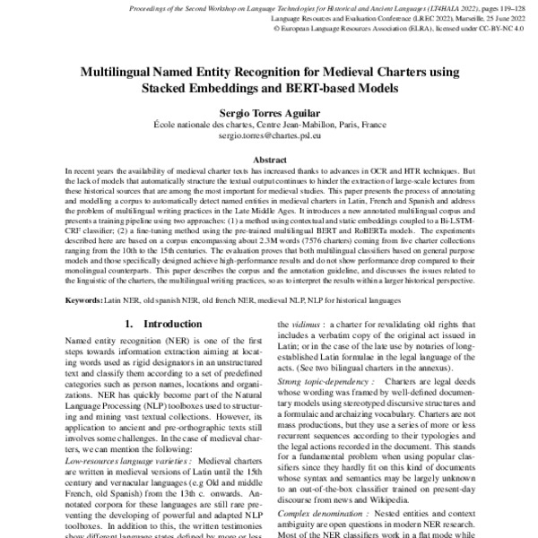 Multilingual Named Entity Recognition for Medieval Charters Using Stacked Embeddings and Bert ...