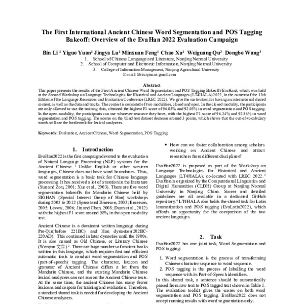 The First International Ancient Chinese Word Segmentation and POS ...