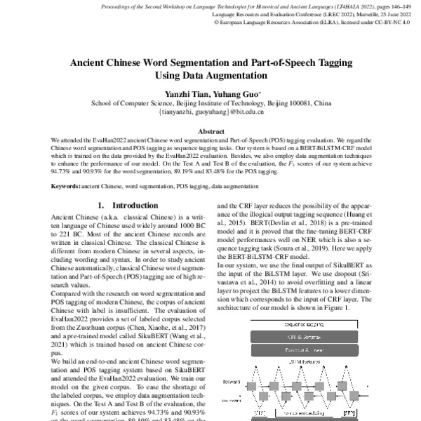 Ancient Chinese Word Segmentation and Part-of-Speech Tagging Using Data Augmentation - ACL Anthology