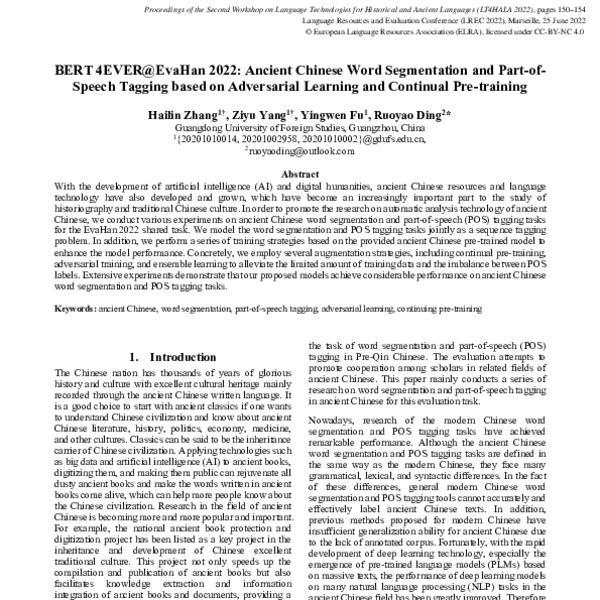 BERT 4EVER@EvaHan 2022: Ancient Chinese Word Segmentation and Part-of-Speech Tagging Based on ...