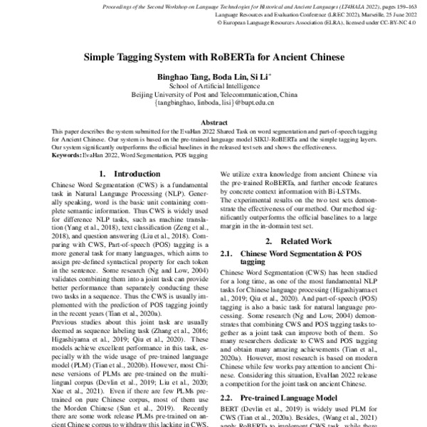 Simple Tagging System with RoBERTa for Ancient Chinese - ACL Anthology