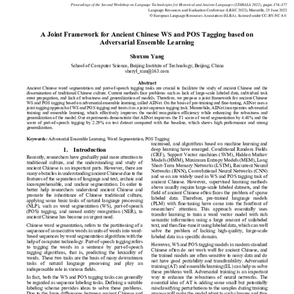 A Joint Framework for Ancient Chinese WS and POS Tagging Based on Adversarial Ensemble Learning ...