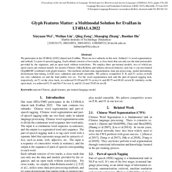 Glyph Features Matter: A Multimodal Solution for EvaHan in LT4HALA2022 ...