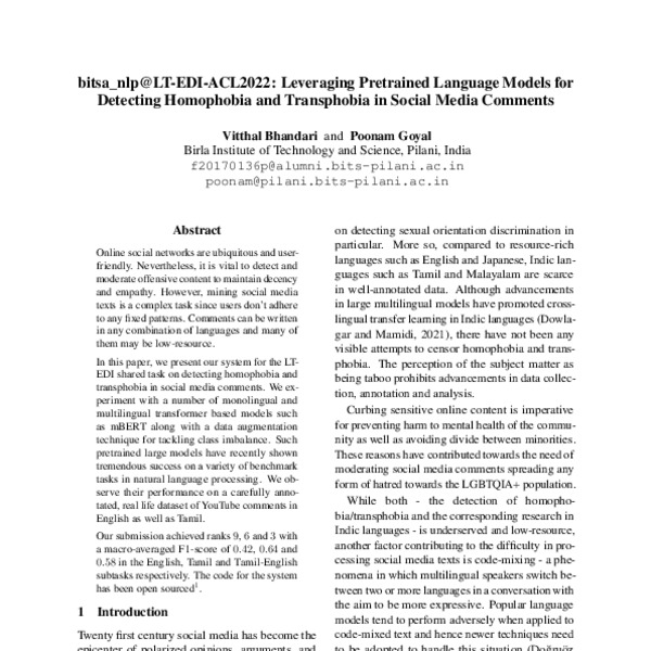 bitsa_nlp@LT-EDI-ACL2022: Leveraging Pretrained Language Models for Detecting Homophobia and ...