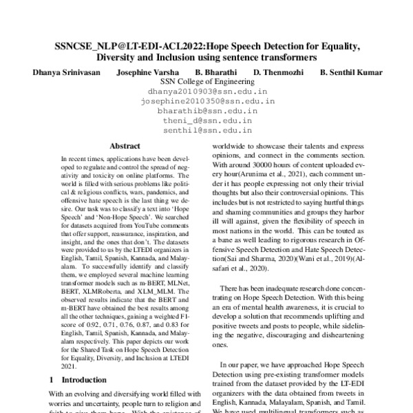 SSNCSE_NLP@LT-EDI-ACL2022:Hope Speech Detection for Equality, Diversity and Inclusion using ...