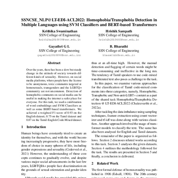 SSNCSE_NLP@LT-EDI-ACL2022: Homophobia/Transphobia Detection in Multiple Languages using SVM ...