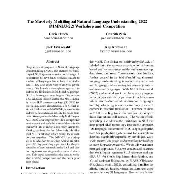 Massively Multilingual Natural Language Understanding 2022 (MMNLU-22) Workshop and Competition ...