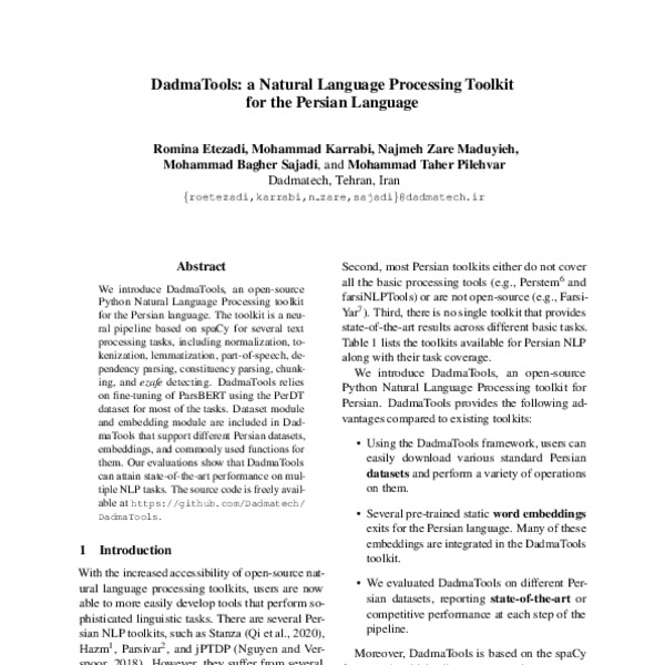 DadmaTools: Natural Language Processing Toolkit for Persian Language ...