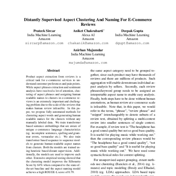 Distantly Supervised Aspect Clustering And Naming For E-Commerce Reviews - ACL Anthology