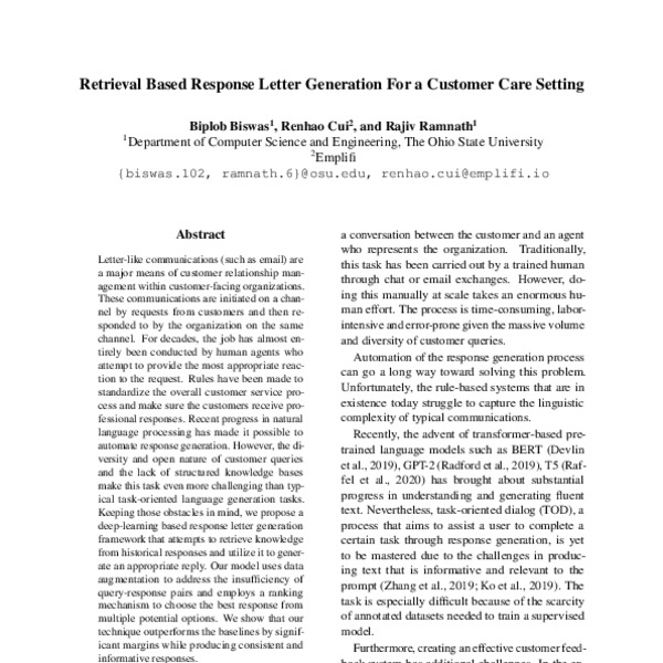 Retrieval Based Response Letter Generation For a Customer Care Setting ...