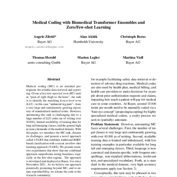 Medical Coding with Biomedical Transformer Ensembles and Zero/Few-shot Learning - ACL Anthology