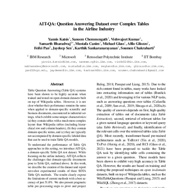 AIT-QA: Question Answering Dataset over Complex Tables in the Airline ...
