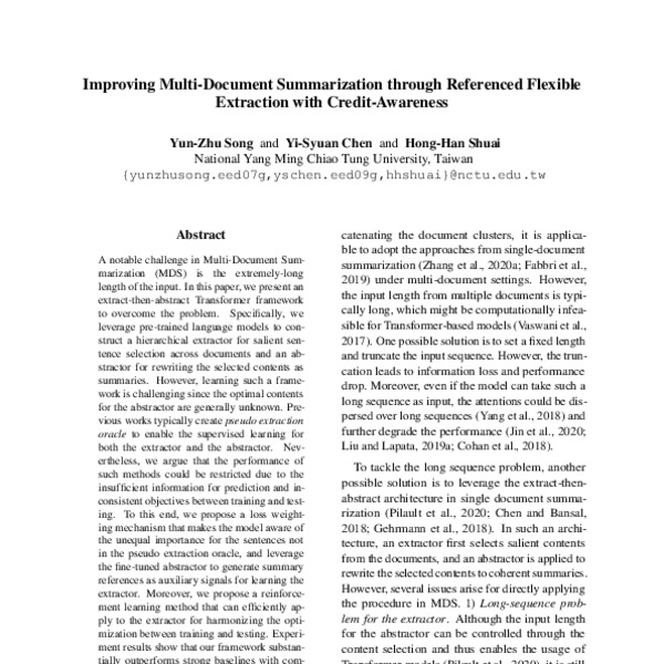 Improving Multi-Document Summarization through Referenced Flexible Extraction with Credit ...