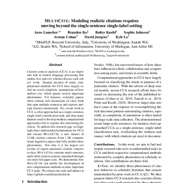 MultiCite: Modeling realistic citations requires moving beyond the ...